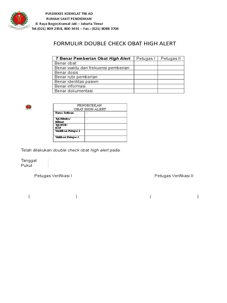 Formulir Double Check Obat High Alert | PDF