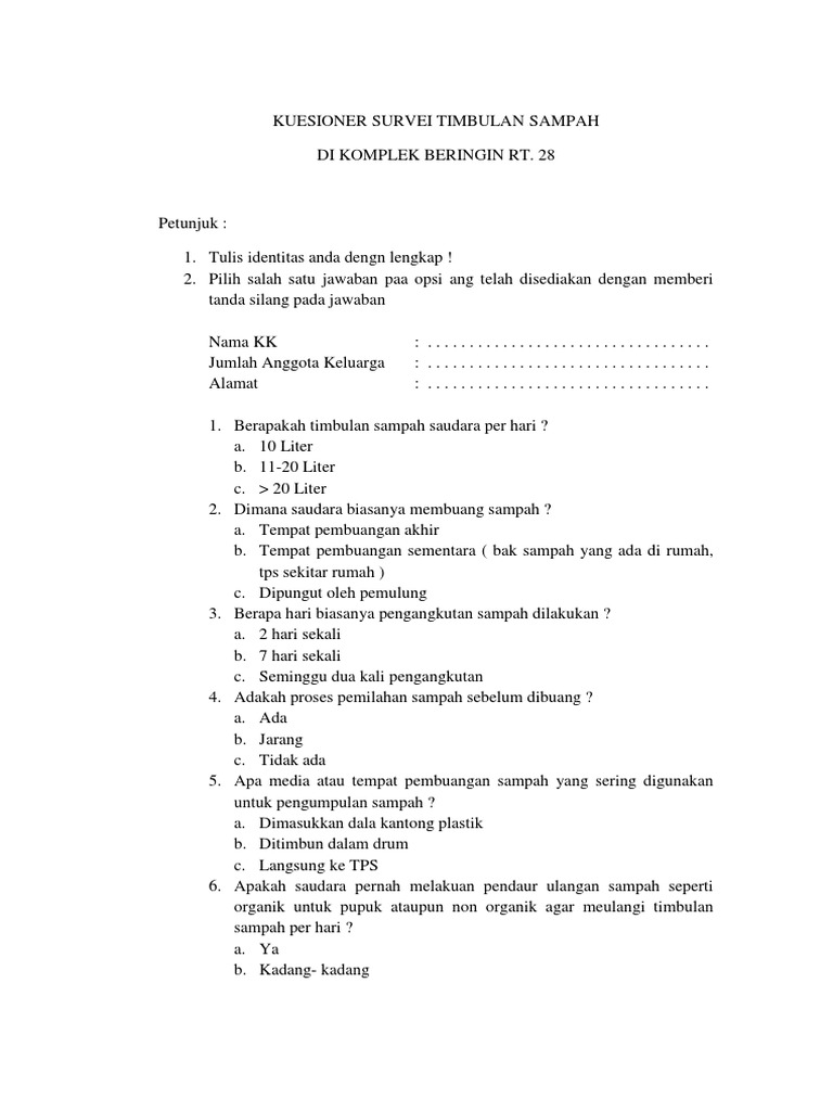 Kuesioner Survei Timbulan Sampah | PDF