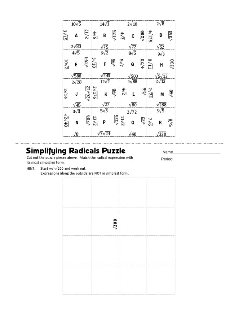 Simplifying Radicals Puzzle Worksheet | PDF | Algebra | Teaching ...