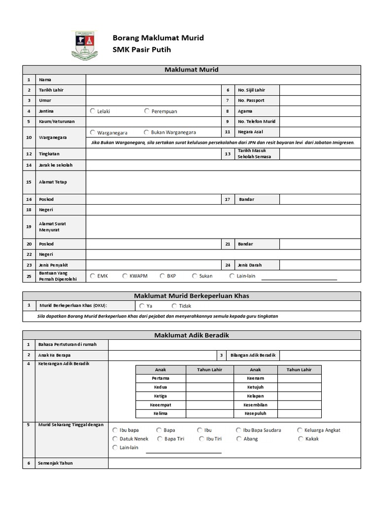 Borang Maklumat Murid APDM v2 | PDF