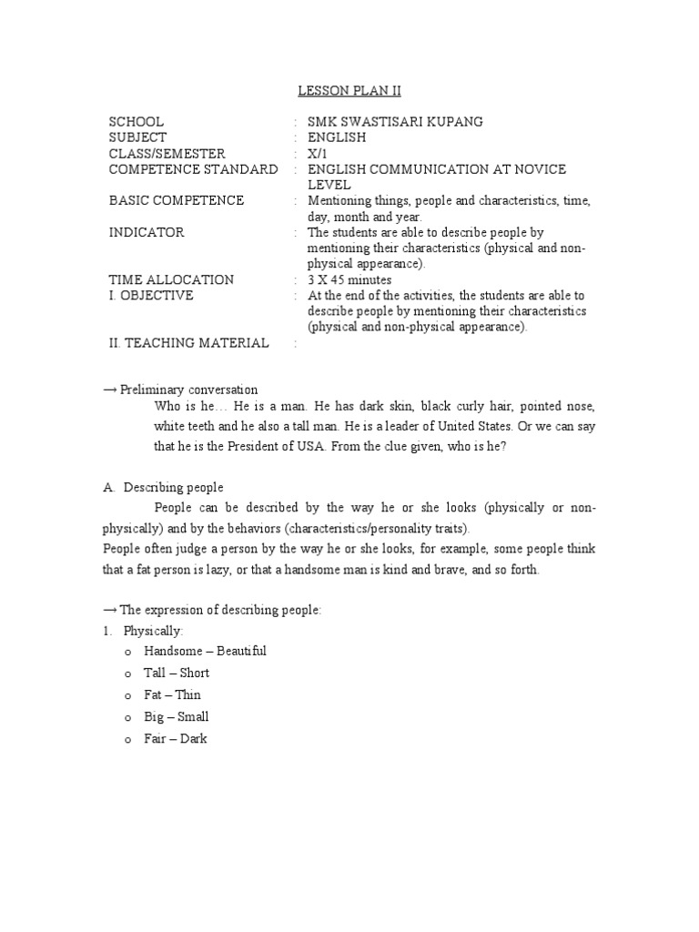LESSON PLAN Describing People | PDF | Multiple Choice | Teachers