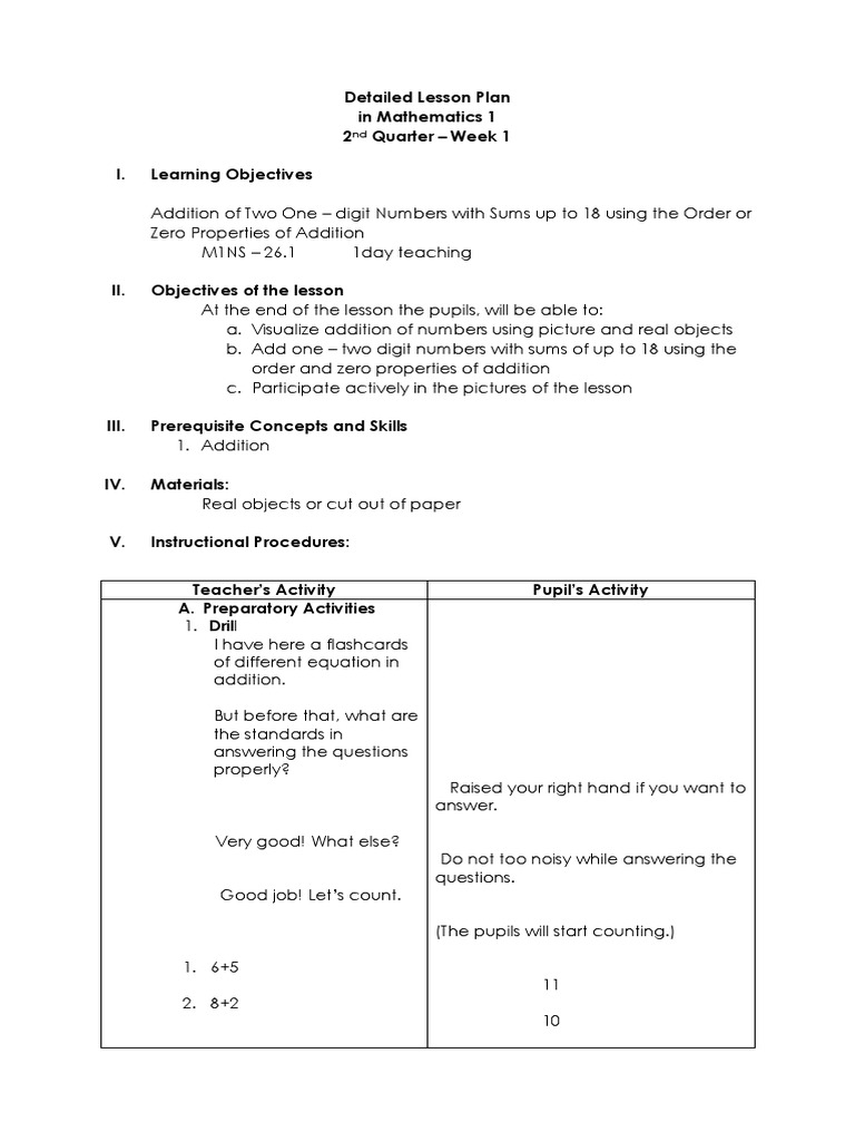 Detailed Lesson Plan in Math 1 | Download Free PDF | Lesson Plan | Pedagogy