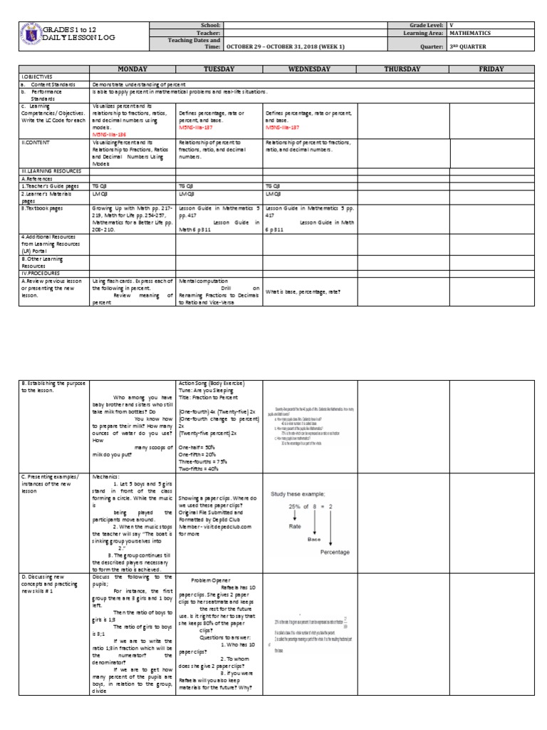 DLL - Mathematics 5 - Q3 - W1 | PDF | Percentage | Fraction (Mathematics)