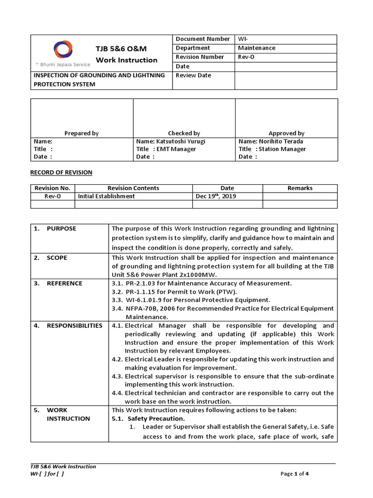 Work Instruction - Inspection of Grounding & Lightning Protection ...