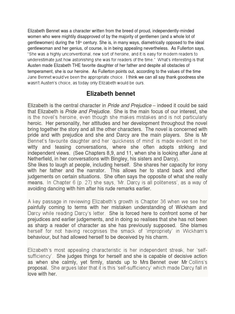 Character Analysis of Elizabeth Bennet | PDF | Mr. Darcy | Pride And ...