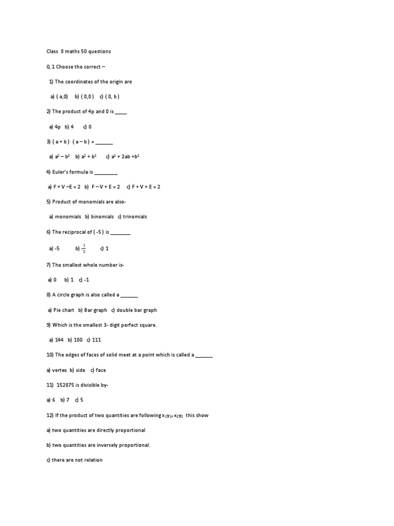 Class 8 Maths: 50 Practice Questions | PDF | Geometry | Elementary ...