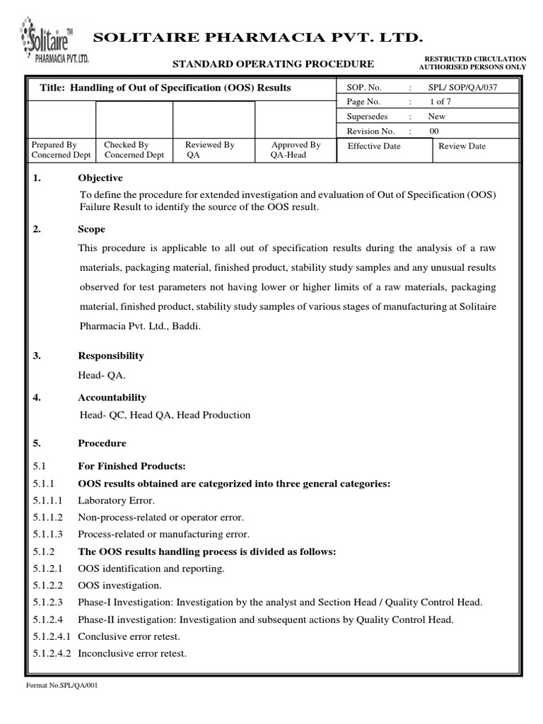 Sop Qa 037 00 Oos | PDF | Quality Assurance | Specification (Technical Standard)