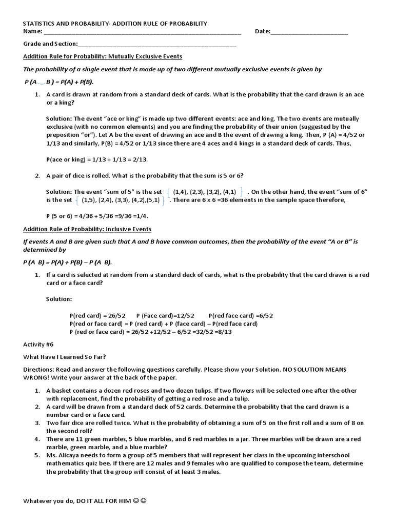 Addition and Inclusion Rules of Probability: Calculating Probabilities ...