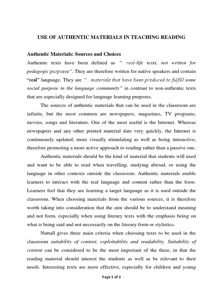 Authentic Materials in Teaching Reading | PDF | Learning | Behavior ...