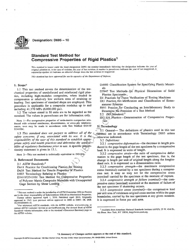 ASTM D695 - 10 - Compressive Properties of Rigid Plastics | PDF