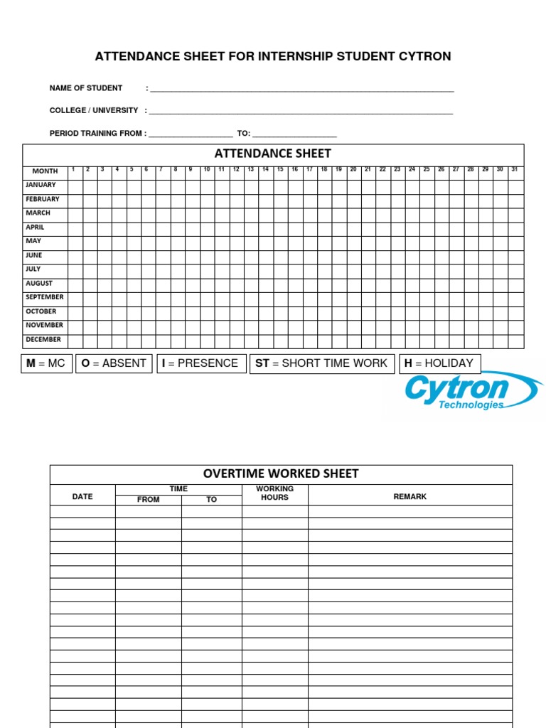 Attendance Sheet For Internship Student Cytron | PDF