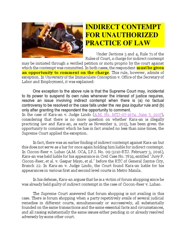 Indirect Contempt For Unauthorized Practice of Law | PDF | Contempt Of ...