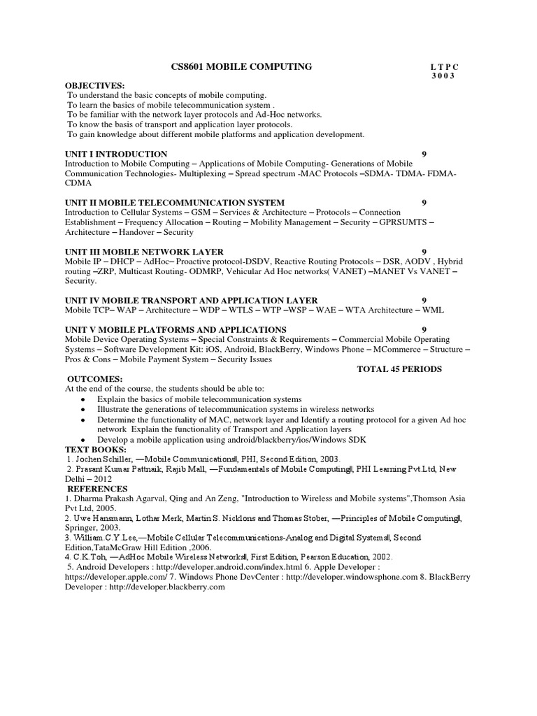 Mobile Comp Syllabus | PDF | Wireless Ad Hoc Network | Mobile Phones