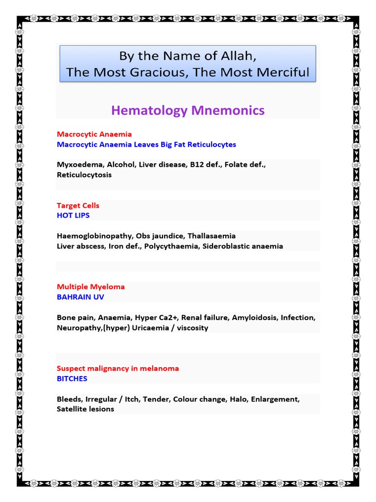 Hematology Mnemonics Overview | PDF | Anemia | Coagulation