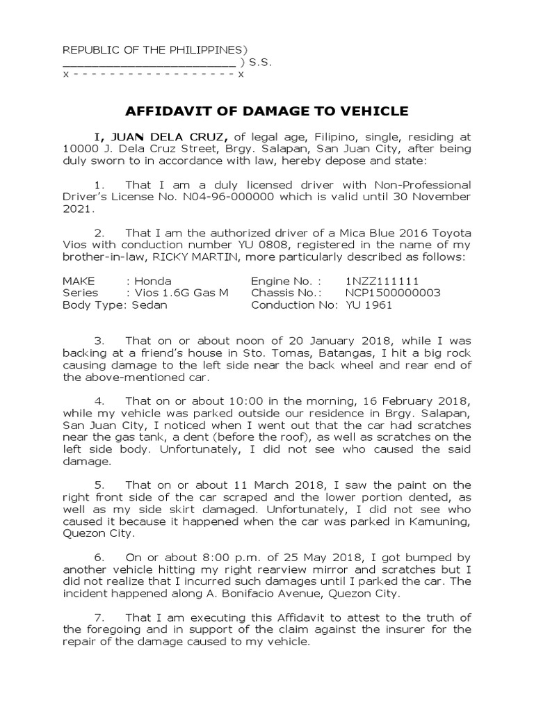 Affidavit of Damage To Vehicle | PDF | Cars Of Japan | Land Vehicles