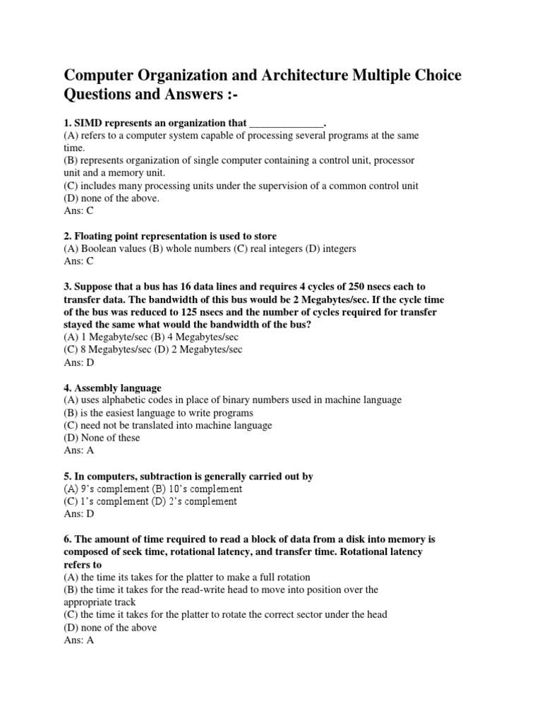COA Multiple Choice Questions and Answers PDF | PDF | Central Processing Unit | Random Access Memory