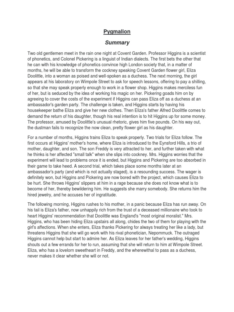 Pygmalion Summary | PDF | Mystery, Thriller & Crime Fiction