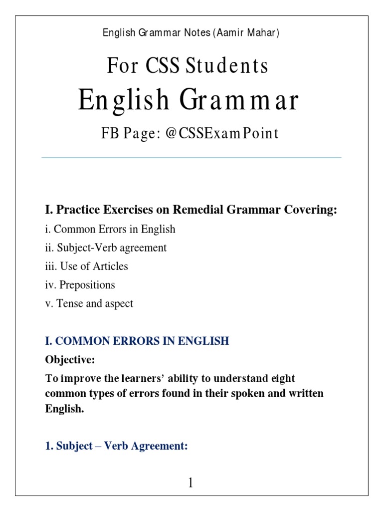 English Grammar Notes With Practice Sets (Aamir Mahar) PDF | Download ...