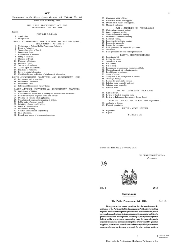 2016 Public Procurement Act | PDF | Procurement | Government
