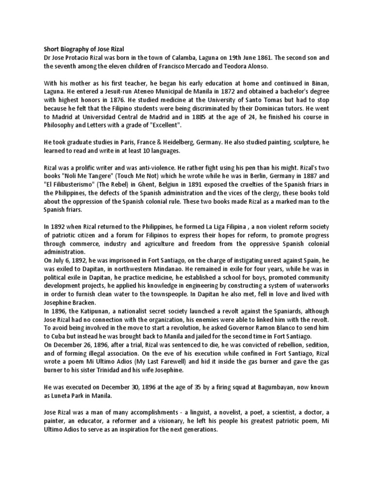 Short Biography of Jose Rizal | PDF | Philippines