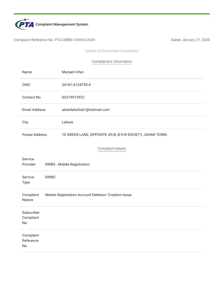 PTA Complaint: Mobile Registration Issue | PDF | Finance & Money Management