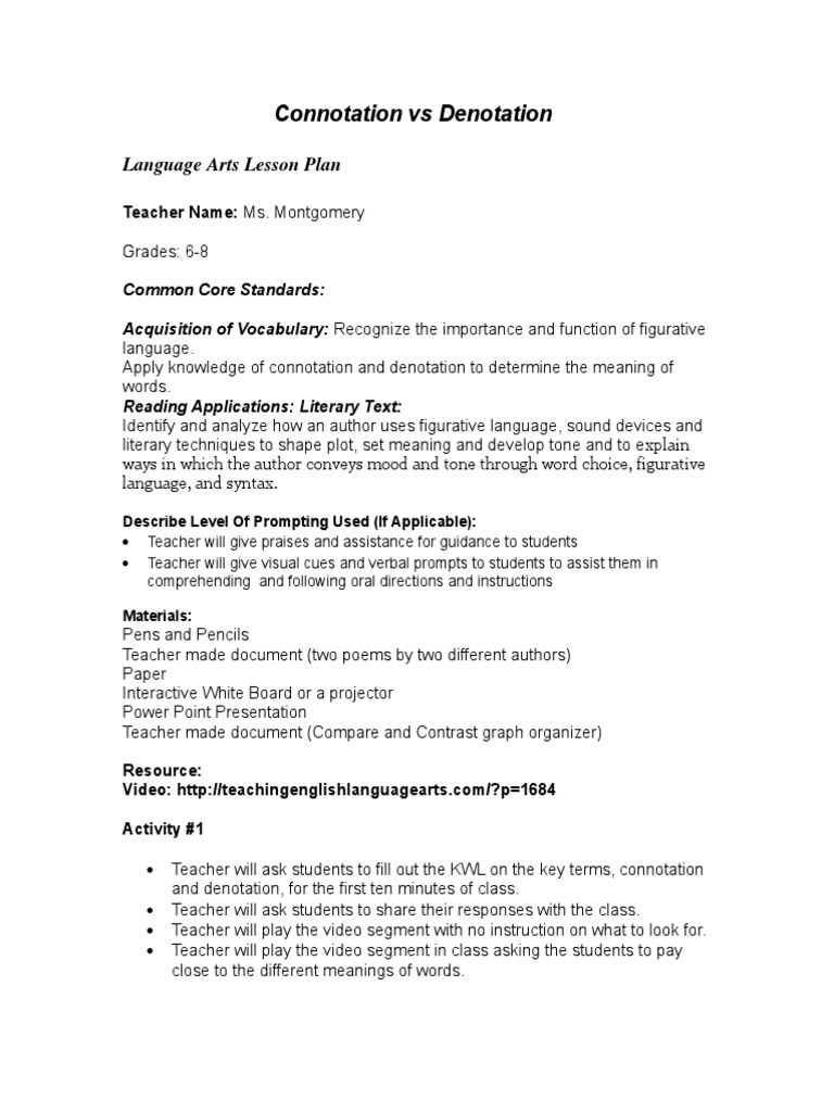 Connotation and Denotation Lesson Plan | PDF | Teachers | Definition