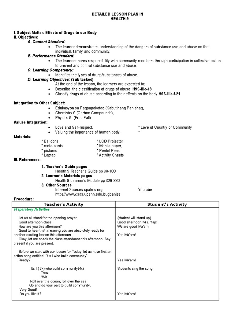 DETAILED LESSON PLAN IN Health 9 | PDF | Stimulant | Substance Abuse