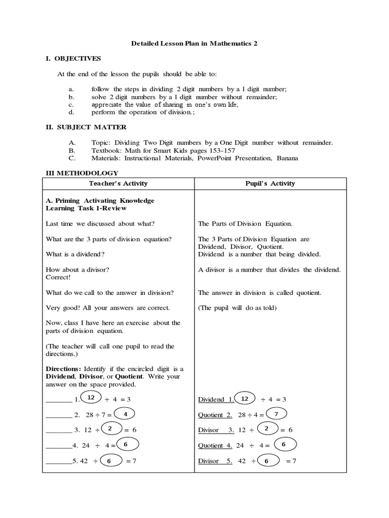4a's Detailed G2 | PDF | Division (Mathematics) | Numbers