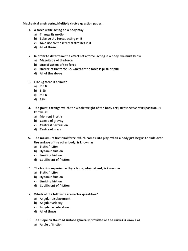 Mechanical Engineering Multiple Choice Question Paper | PDF | Friction ...