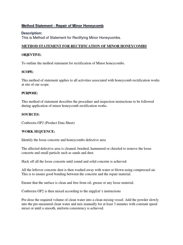 Method Statement For Rectification of Minor Honeycombs | PDF | Concrete | Economic Sectors