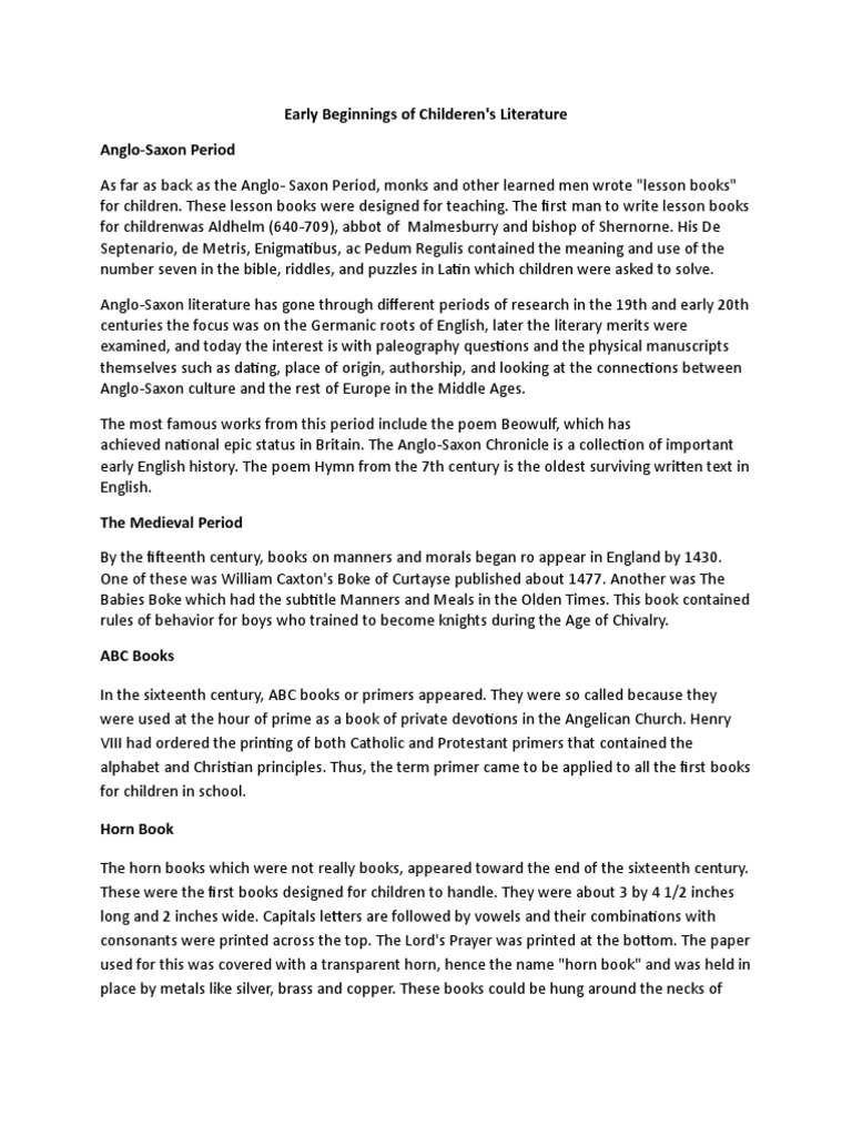 Early Beginnings of Children's Literature | PDF | Anglo Saxons ...