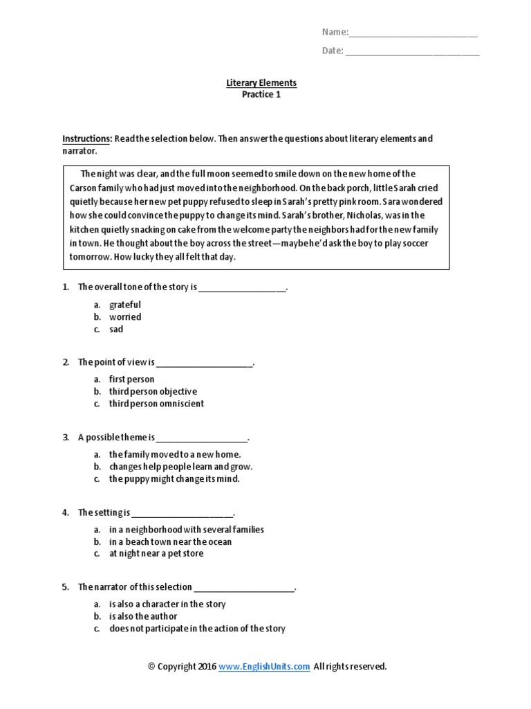 Literary Elements Practice 1 | PDF | Narration