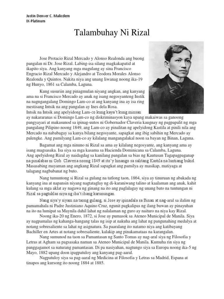 Talambuhay Ni Jose Rizal Ang Pambansang Bayani Ng Pilipinas TALAMBUHAY