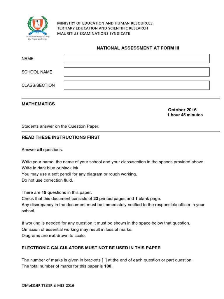 2016 Mathematics Form3 PDF | PDF | Triangle | Area