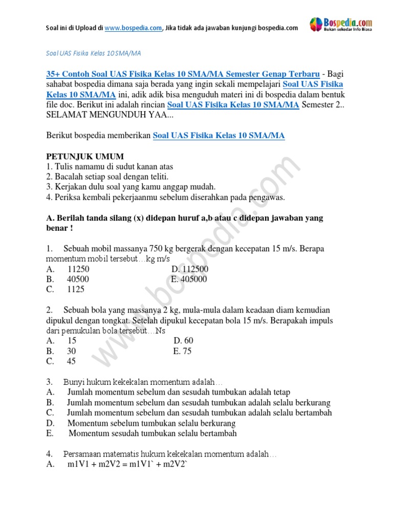 Soal UAS Fisika Kelas 10 SMA/MA | PDF