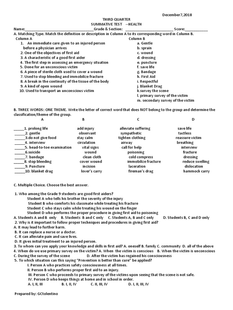First Aid Test Review | PDF | First Aid | Wound