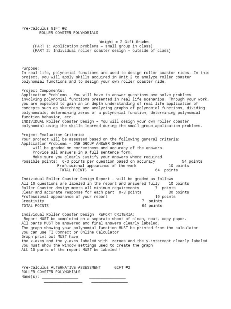 Pre-Calculus Roller Coaster Project | PDF | Polynomial | Zero Of A Function