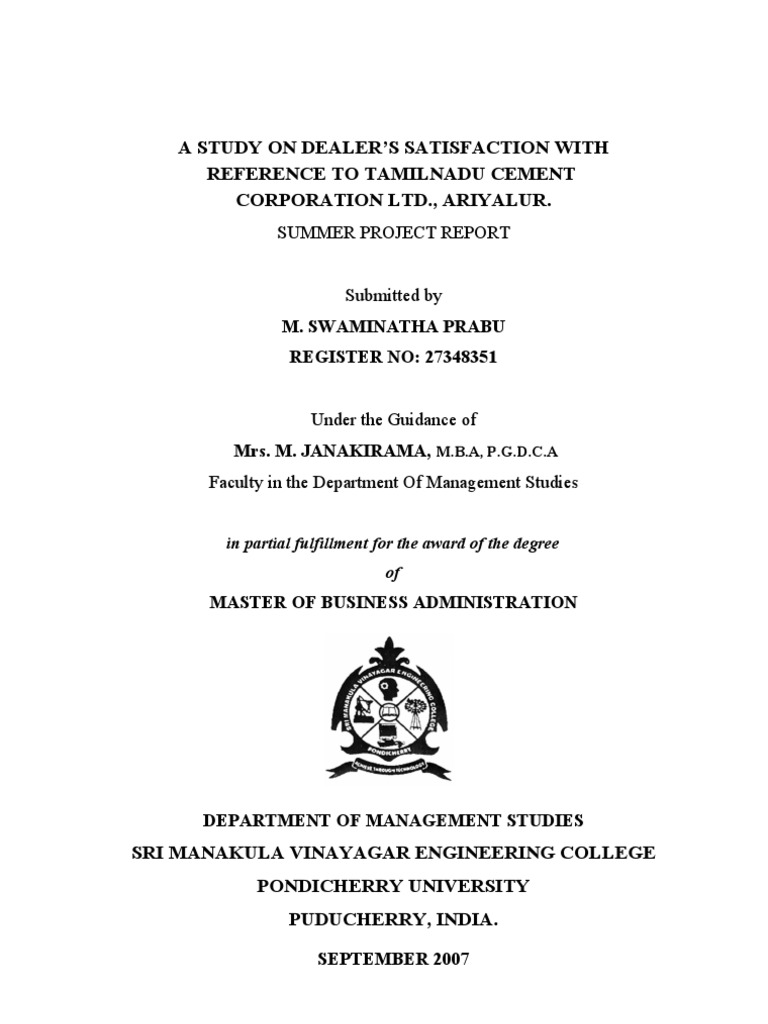 A Study On Dealer's Satisfaction | PDF | Sampling (Statistics) | Concrete