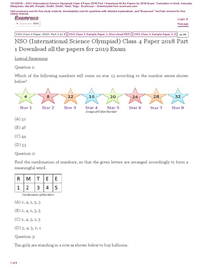 NSO Class 4 Paper 2018 Part 1 | PDF | Languages Of India | Languages