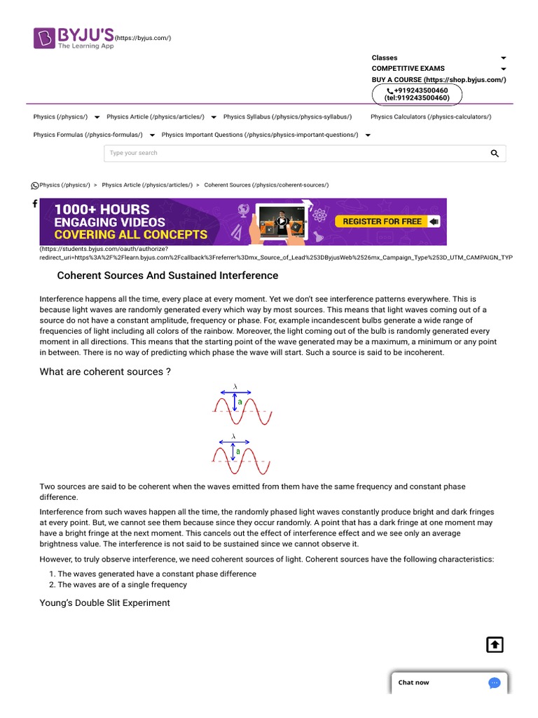 Coherent Sources of Light | PDF | Coherence (Physics) | Diffraction