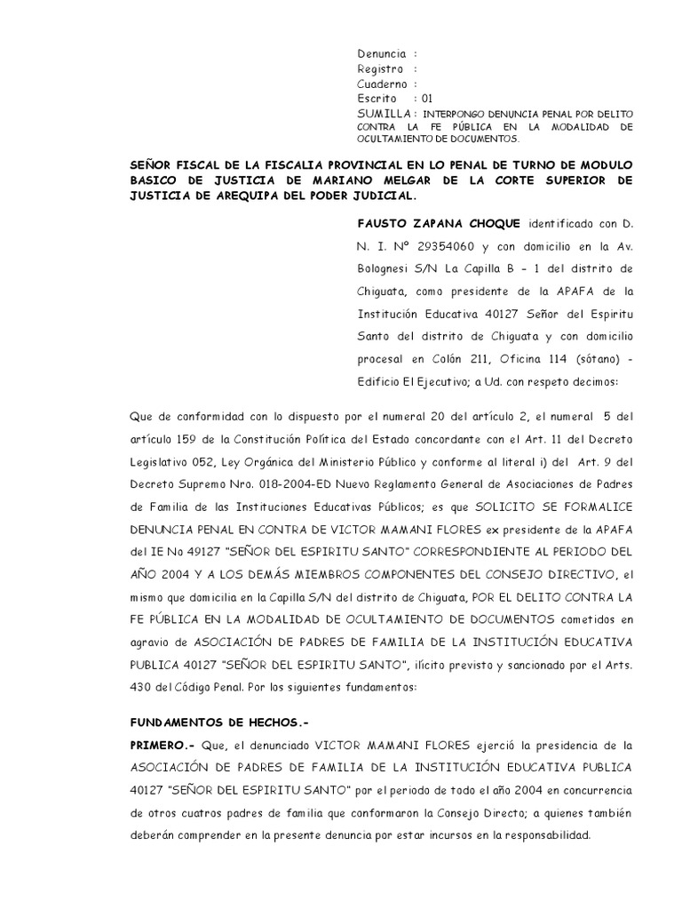 Denuncia Penal Por Delito Contra La Fe Publica en La Modalidad de Falsedad Genérica y Falsedad ...