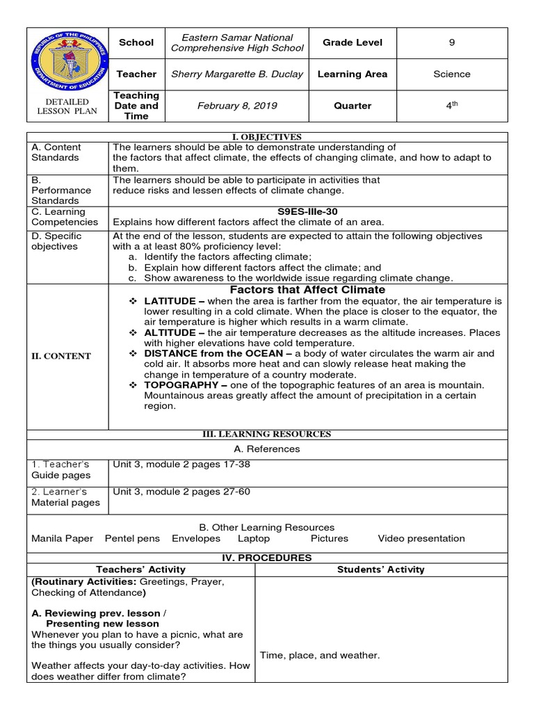 Understanding How Climate is Influenced: A Detailed Lesson Plan on ...