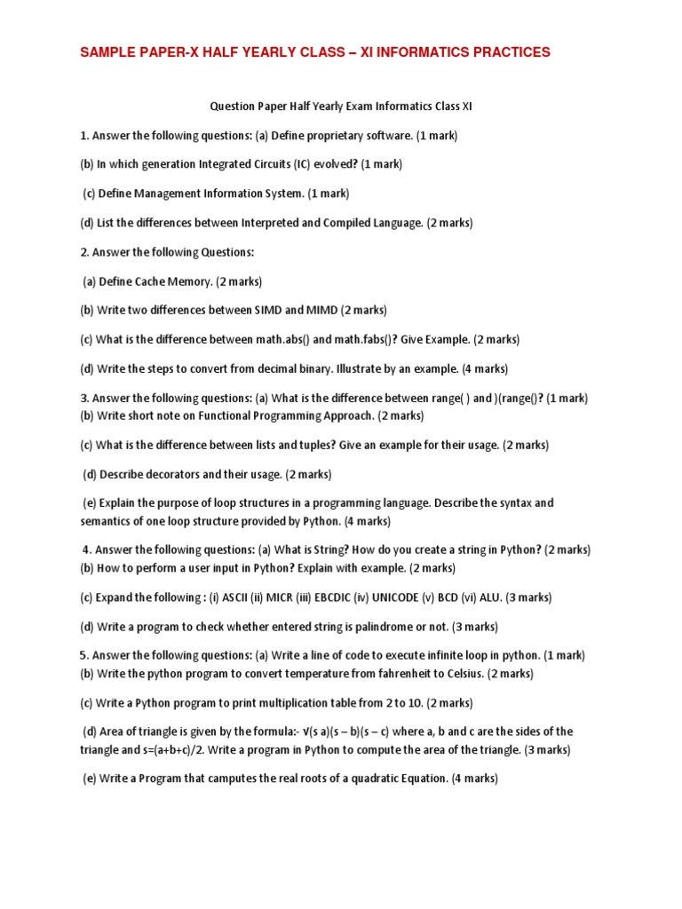 Hf Sample Paper X Half Yearly Class Xi Informatics Practices Pdf Python Programming