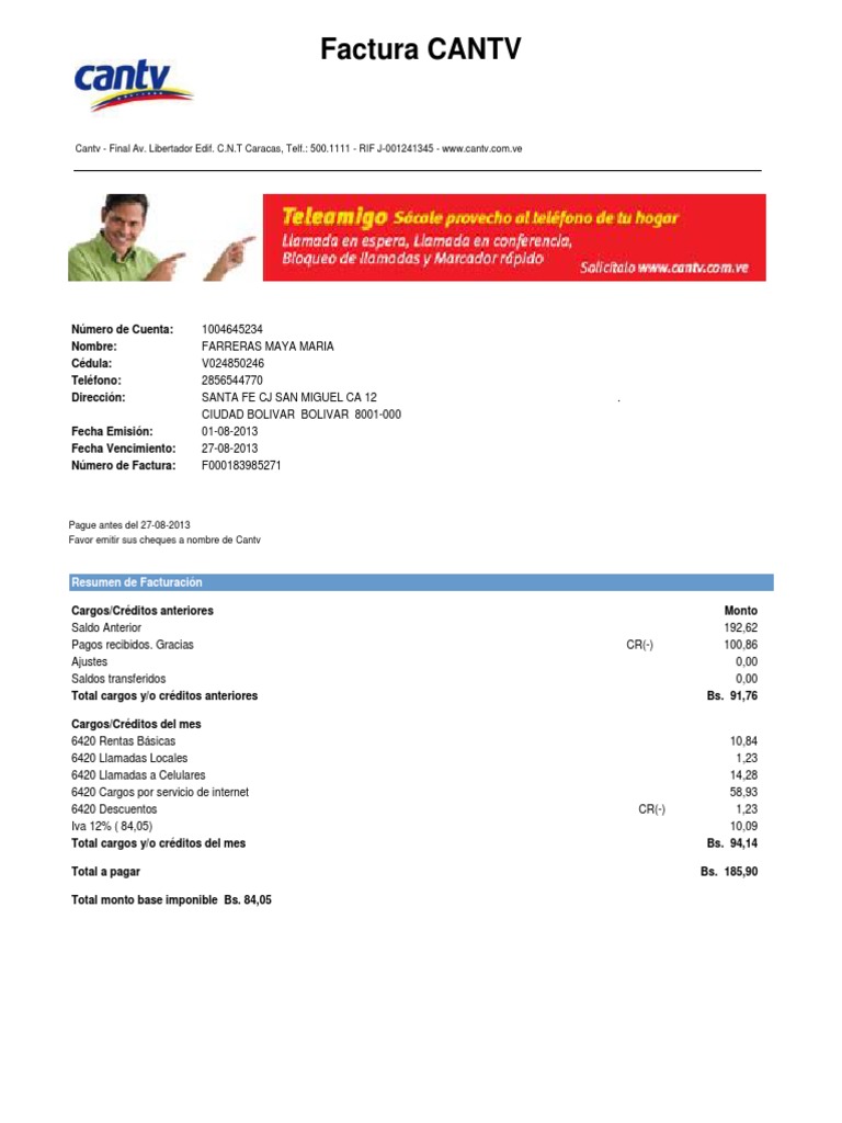 Recibo CANTV | PDF | Servicios (economía) | Business