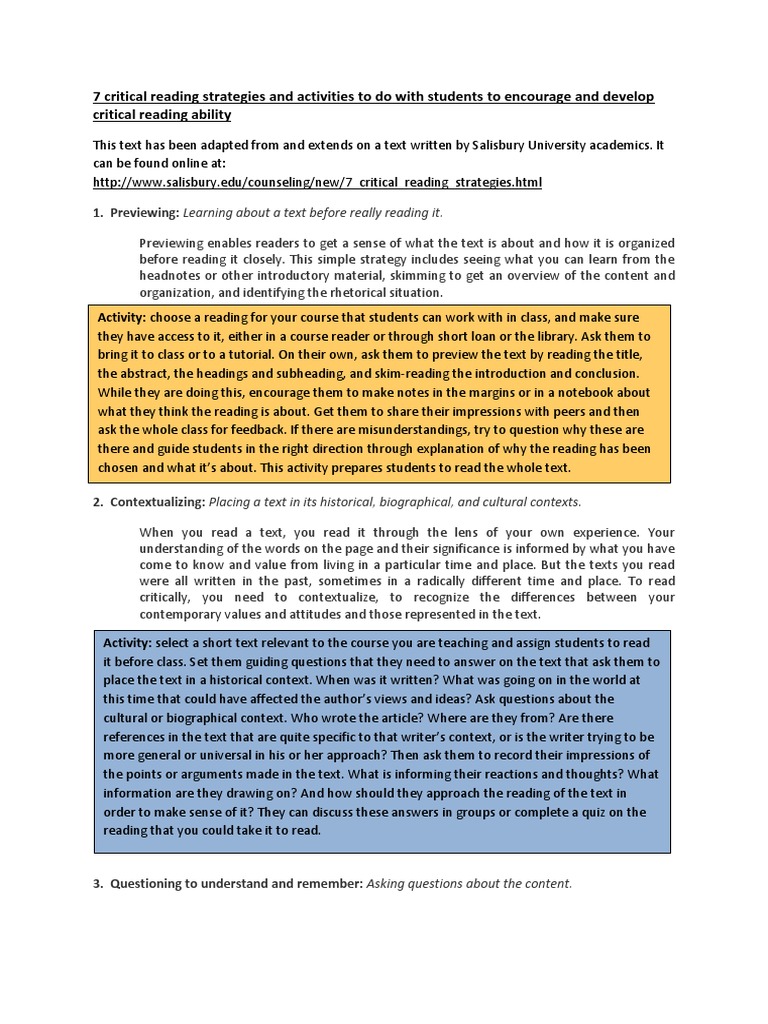 7 Critical Reading Strategies and Activities To Do With Students | PDF