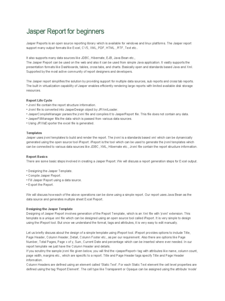Jasper Report For Beginners PDF Microsoft Excel Xml