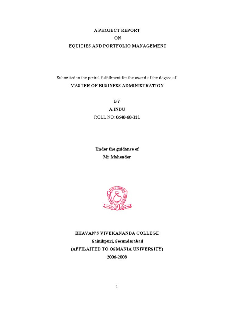 Project On Equity and Portfolio Management | PDF | Beta (Finance ...