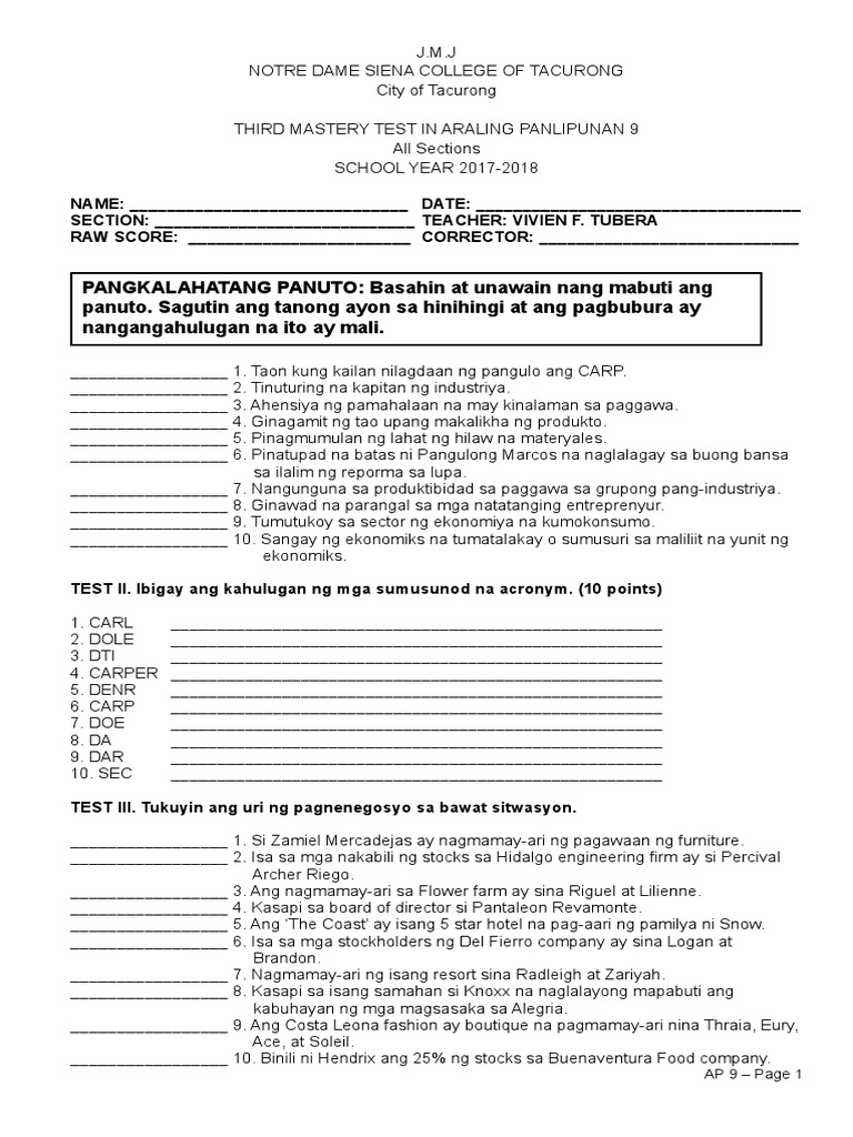 3rd Mastery in AP | PDF