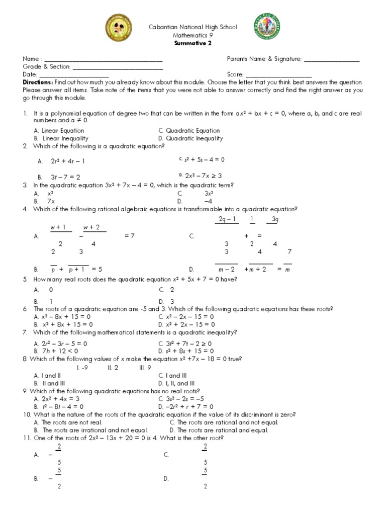 2ND sUMMATIVE | PDF | Quadratic Equation | Equations
