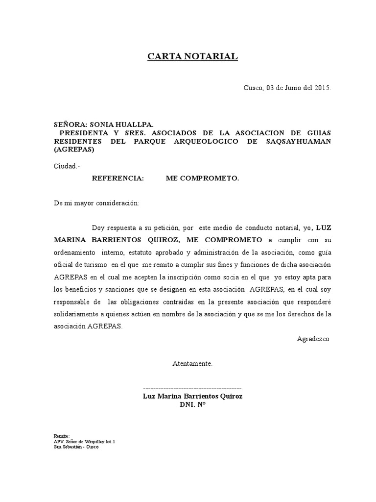 Carta Notarial de Compromiso para Una Asociacion | PDF
